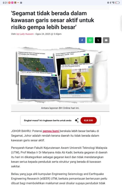 Segamat tidak berada dalam kawasan garis sesar aktif untuk risiko gempa ...